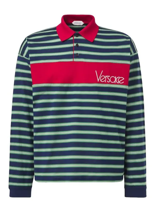Versace Striped Cotton Jersey Polo Shirt - Blue