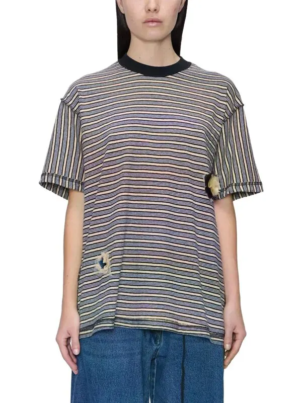 SONG FOR THE MUTE Distressed Striped T-shirt - Neutrals