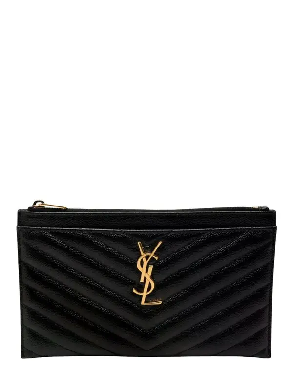 Saint Laurent Grain De Poudre Chevron Monogram Bill Pouch Clutch Bag - Black