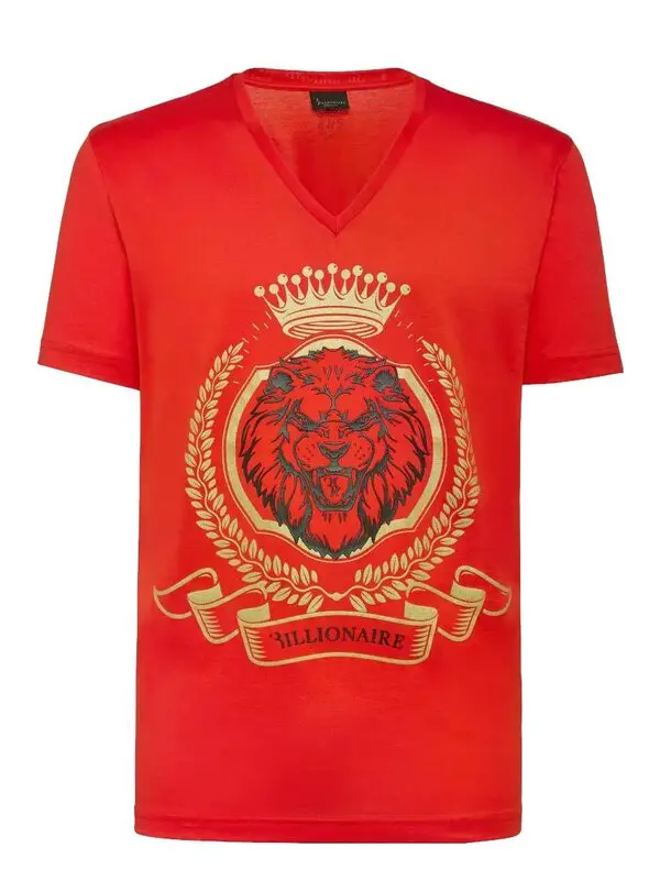 BILLIONAIRE Lion-print V-neck T-shirt - Red