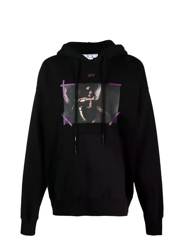 Off-White Graphic Print Drawstring Hoodie - Black