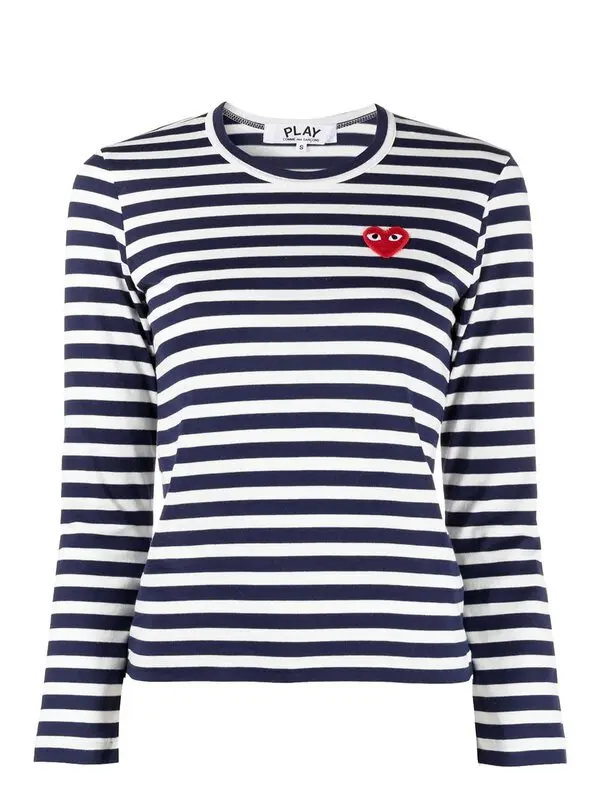 Comme Des Garçons Striped Long Sleeve T-shirt With Heart Applique - Blue/white