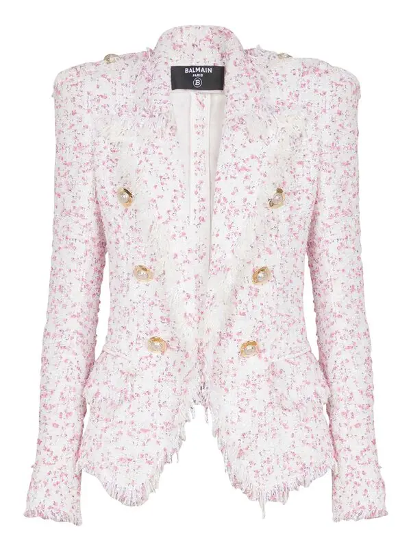 Balmain 6 Button Fitted Polka Dot Tweed Jacket - White