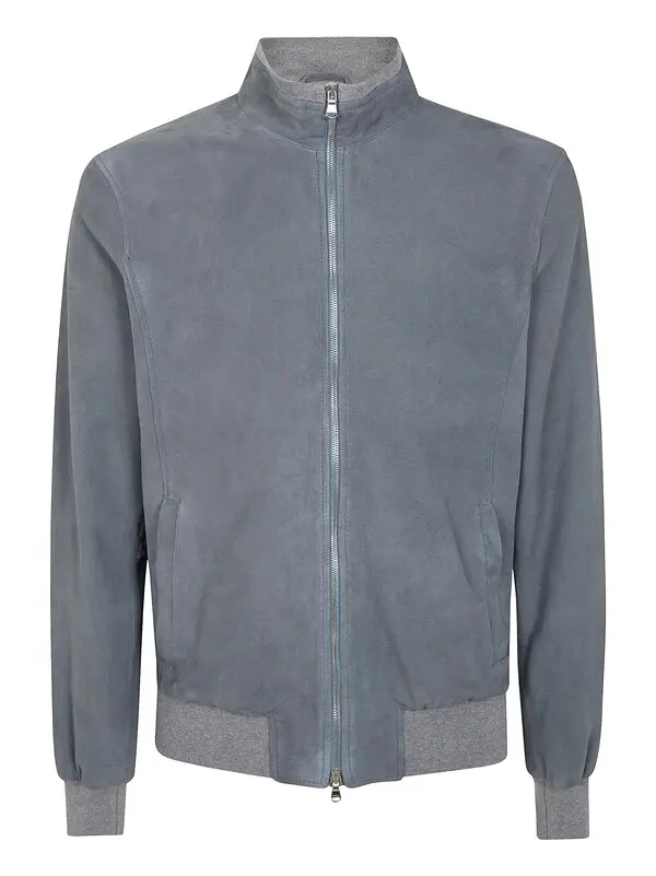 BARBA NAPOLI Leather Jacket With Stand Collar - Gray