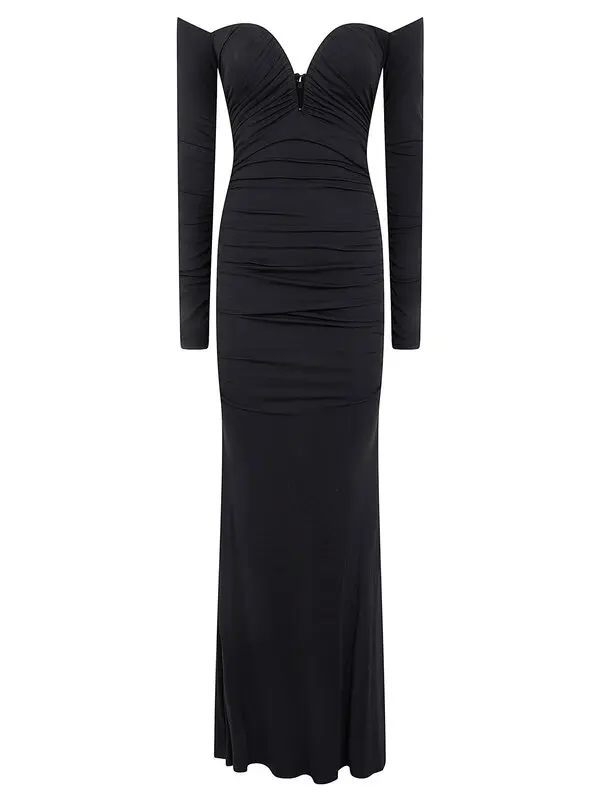 Elisabetta Franchi Long Sleeve Ruched Gown - Black