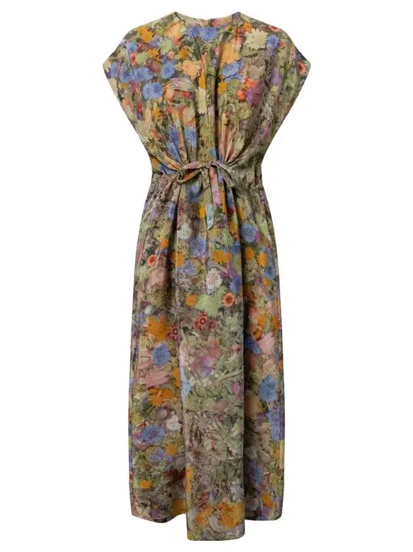 ANNTIAN Floral Print Silk Midi Dress - Green