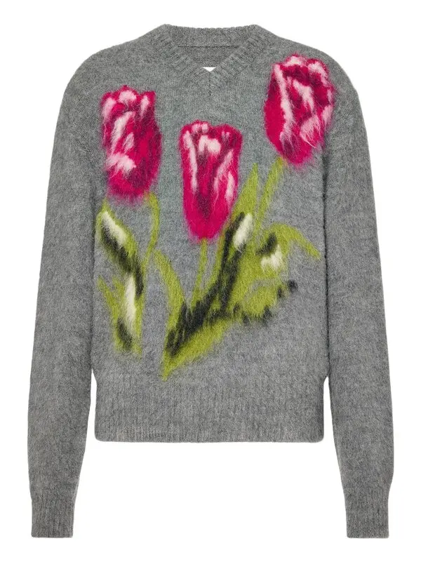 MAISON MARGIELA Wool Sweater With Floral Motif - Grey