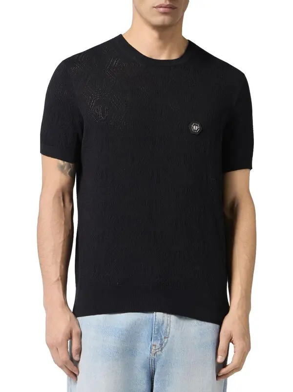 Philipp Plein Cotton Jumper With Perforated Monogram - Black