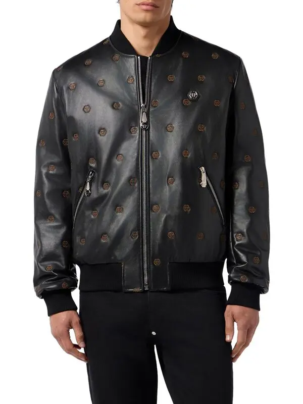 Philipp Plein Bomber Jacket With All-over Monogram Print - Black