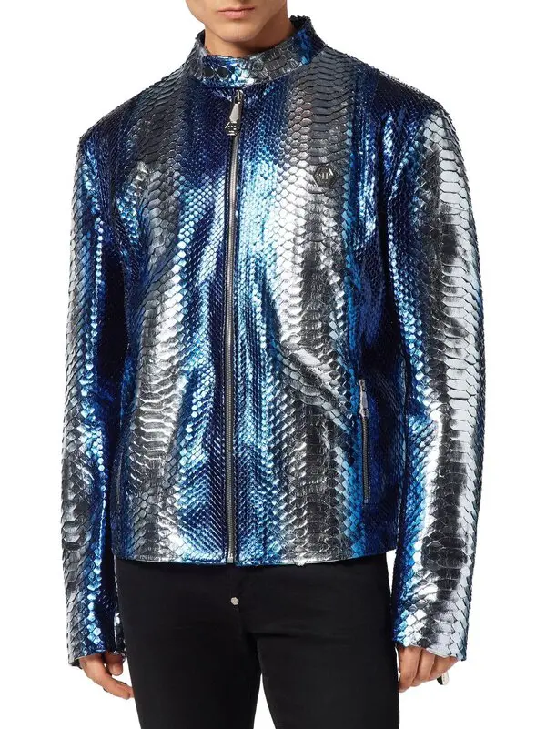 Philipp Plein Metallic Snakeskin Effect Zip Jacket - Turquoise