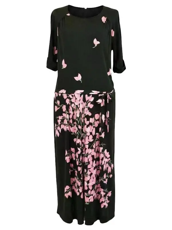 DE PARISINI VINTAGE Floral Print Belted Midi Dress - Black