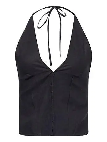 DEIJI STUDIOS Halterneck Sleeveless Linen Top - Black