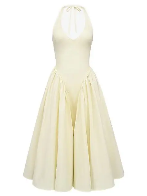 House Of Cb Marilyn Halterneck Stretch-cotton Midi Dress - Lemon