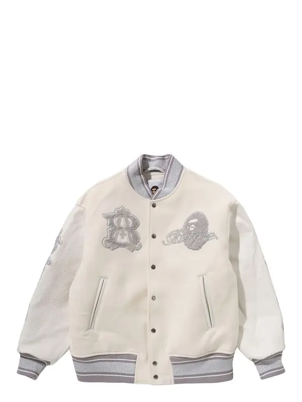 A BATHING APE Camo Logo Wool Varsity Jacket - White