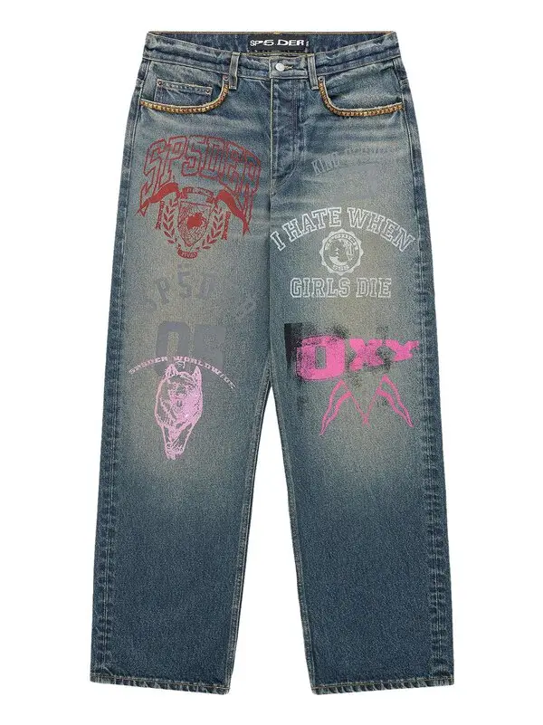 SP5DER Multi Print Studded Denim - Blue
