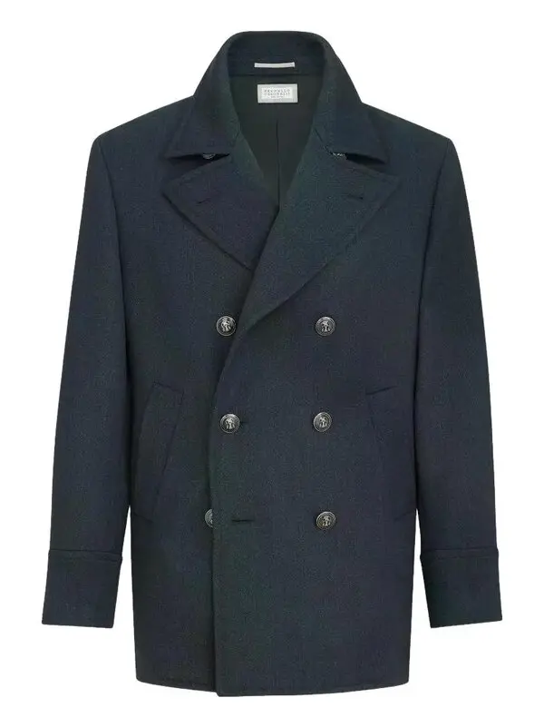 Brunello Cucinelli Wool And Cashmere Cavalry Pea Coat With Metal Buttons - Blue