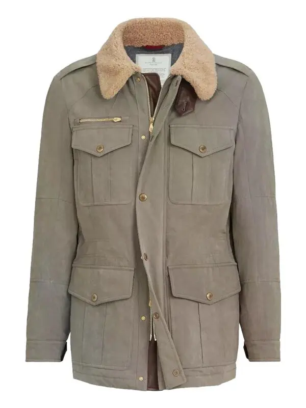 Brunello Cucinelli Waxed Techno-cotton Safari Jacket With Shearling Collar And Leather Inserts - Grey