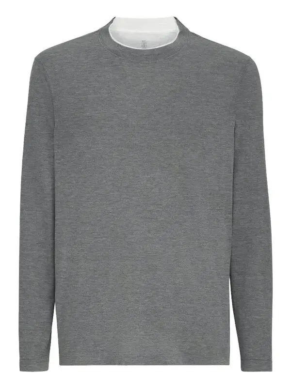 Brunello Cucinelli Silk And Cotton Lightweight-jersey Long-sleeve Crew-neck T-shirt With Contrast-detail - Grey