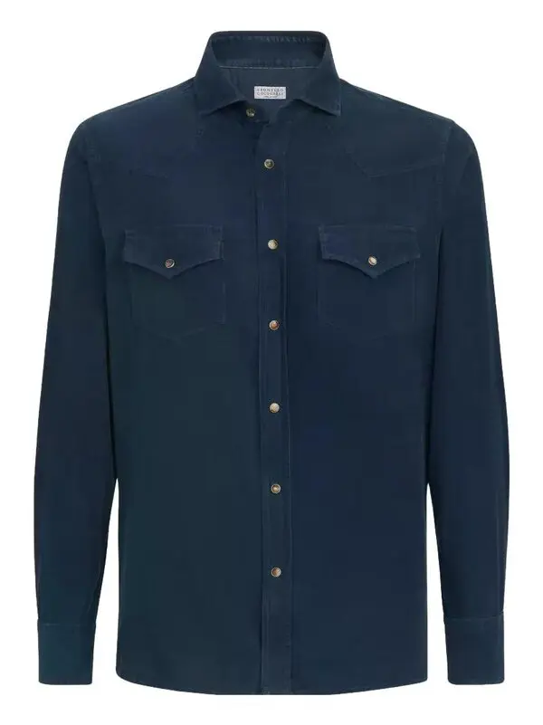 Brunello Cucinelli Garment-dyed Easy-fit Western Shirt In Narrow-wale Corduroy - Blue