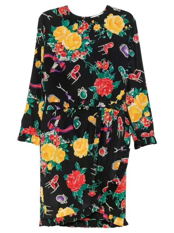 Dior 1990s Floral-print Ruffled Midi Dress - Black