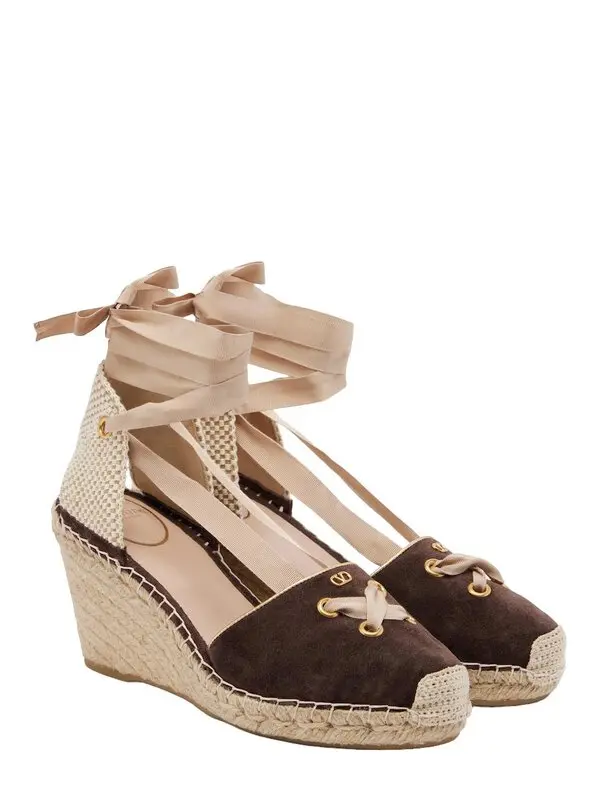 Valentino Garavani Vlogo Suede Espadrille Wedges - Brown