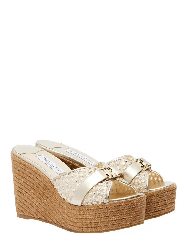 JIMMY CHOO Leda Raffia-trimmed Leather Wedge Espadrilles Platinum - Gold