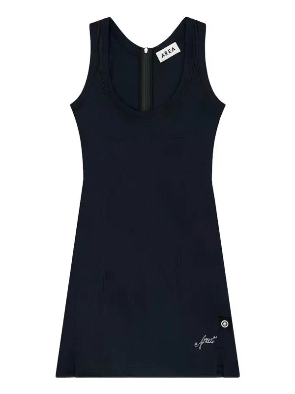 AREA Logo Embroidered Ribbed Knit Mini Dress - Black