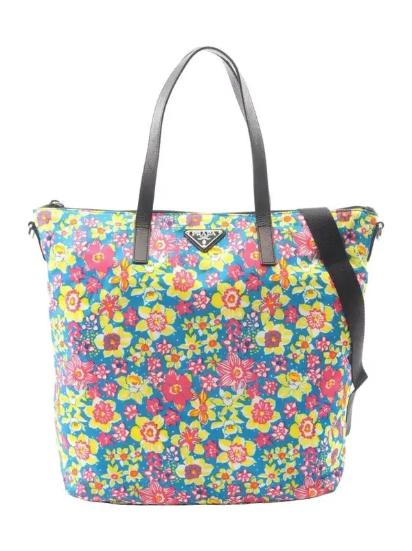 Prada Tessuto Stampato Floral Print Tote Bag - Blue
