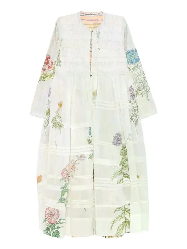 INJIRI Floral Print Smocked Coat - Neutrals