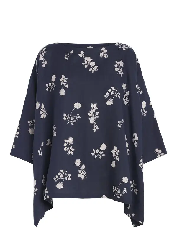 Eskandar Linen Floral Boat-neck Blouse - Blue