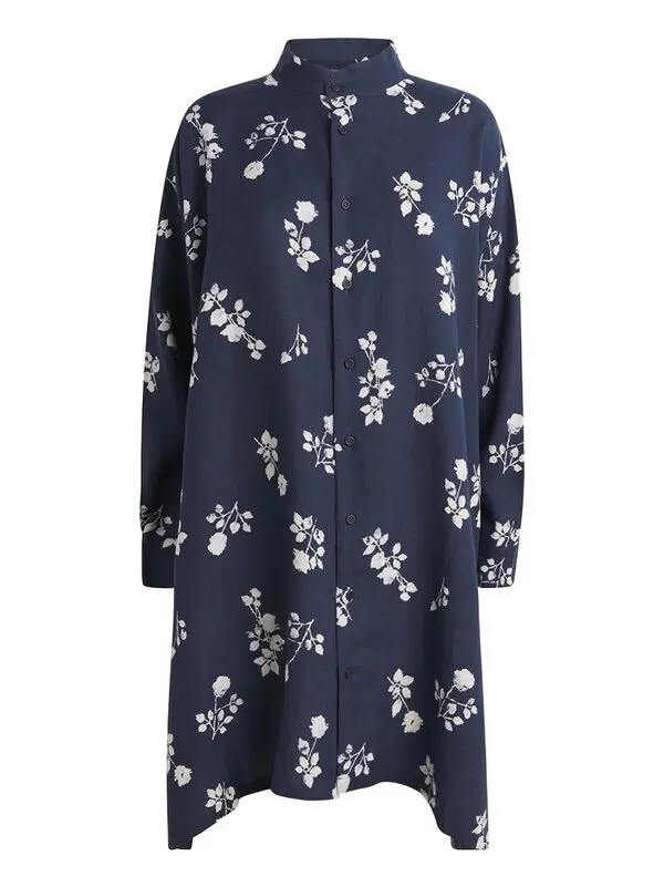 Eskandar Floral Print Linen Midi Shirt Dress - Blue