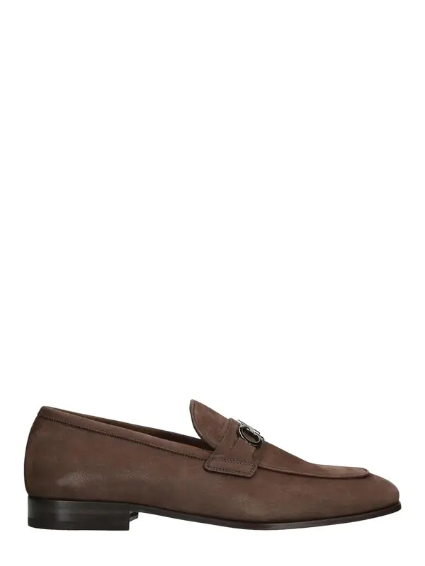 FERRAGAMO Suede Balty Loafers With Gancini Hardware - Brown