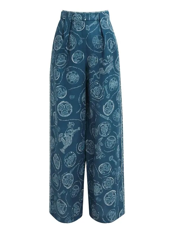ALEMAIS Printed Wide Leg Linen Trousers - Blue