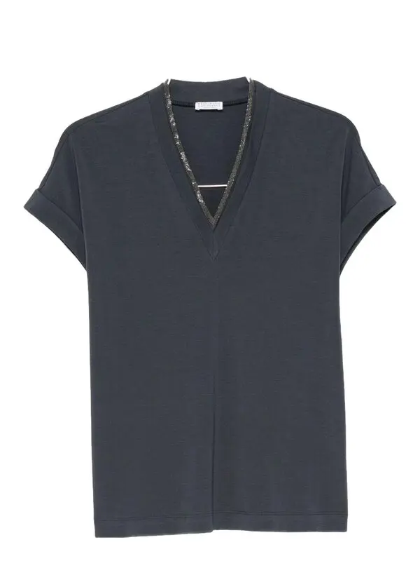 Brunello Cucinelli Monili Trim Cotton T-shirt - Blue