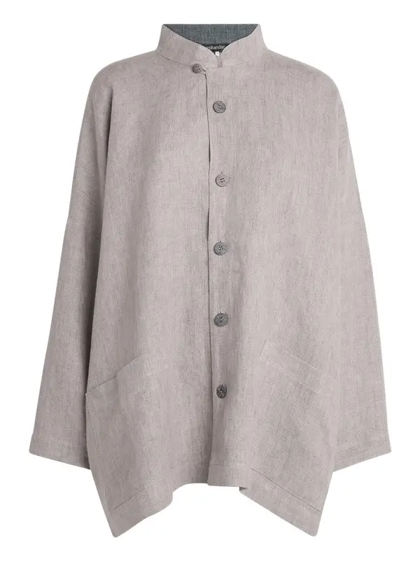 Eskandar Linen Mandarin Collar Wide Longline Jacket - Grey
