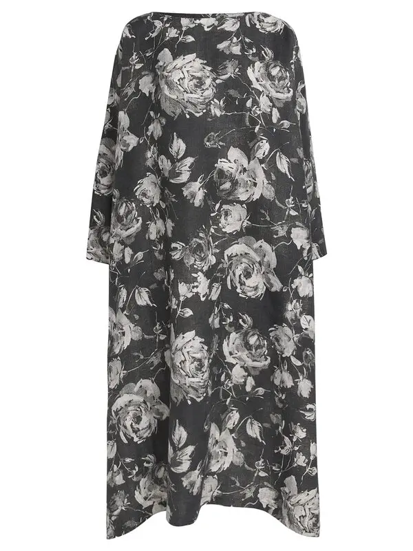 Eskandar Linen Floral Scoop Neck Midi Dress - Grey