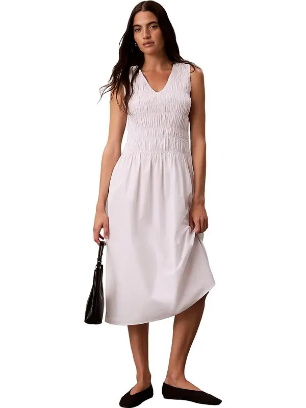 Calvin Klein Cotton Poplin V-neck Midi Dress - Brilliant White