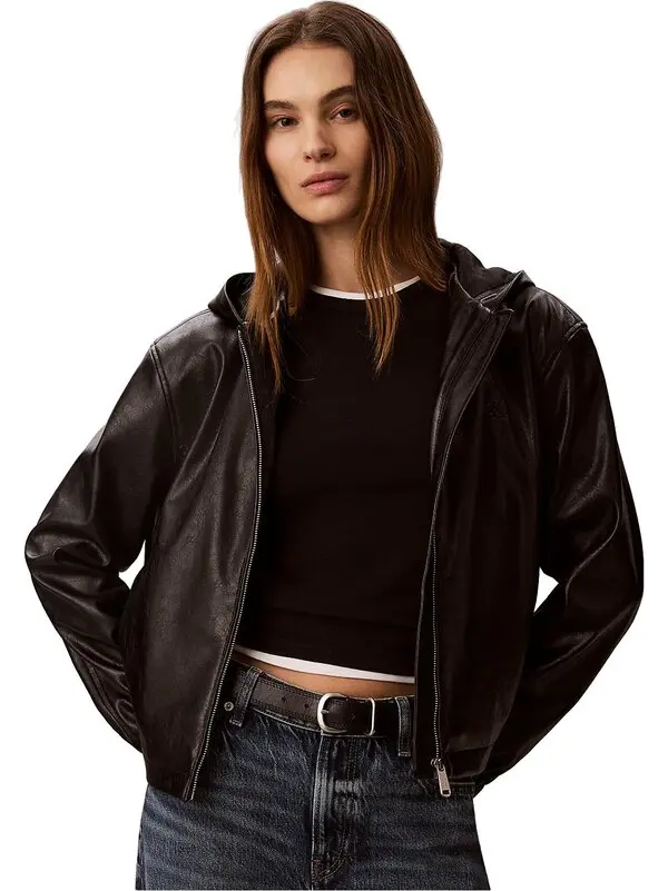 Calvin Klein Faux Leather Hooded Jacket - Black