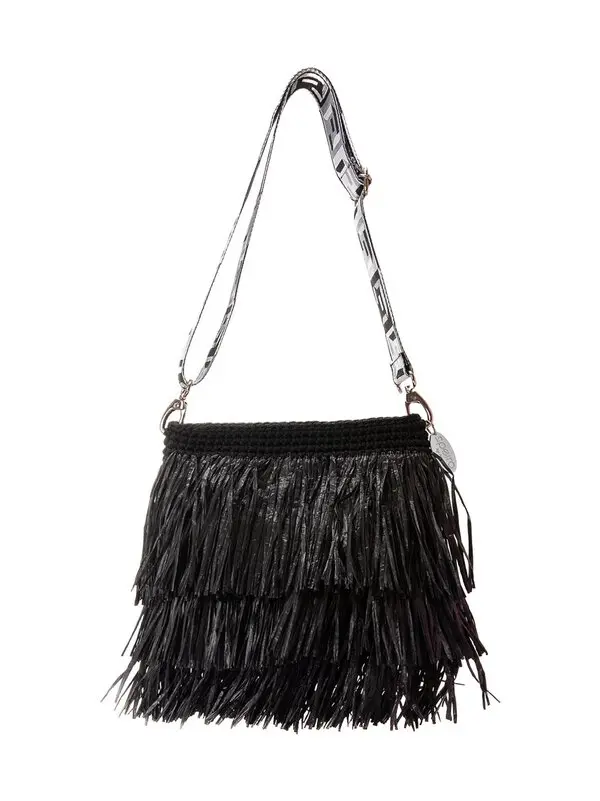 SPEIRA Raffia Fringe Mini Tote Bag With Adjustable Strap - Black