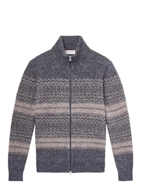 Brunello Cucinelli Alpaca-blend Zip-up Sweater With Geometric Print - Gray