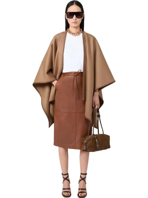Max Mara Double Wool Broadcloth Cloak With Leather Belt - Camel