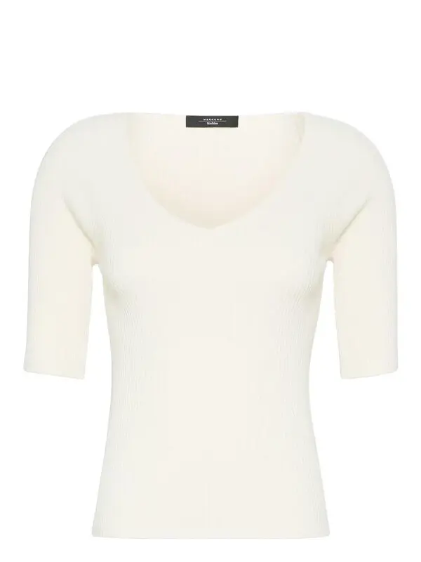 Max Mara Ribbed Stretch Viscose V-neck Sweater - Ecru