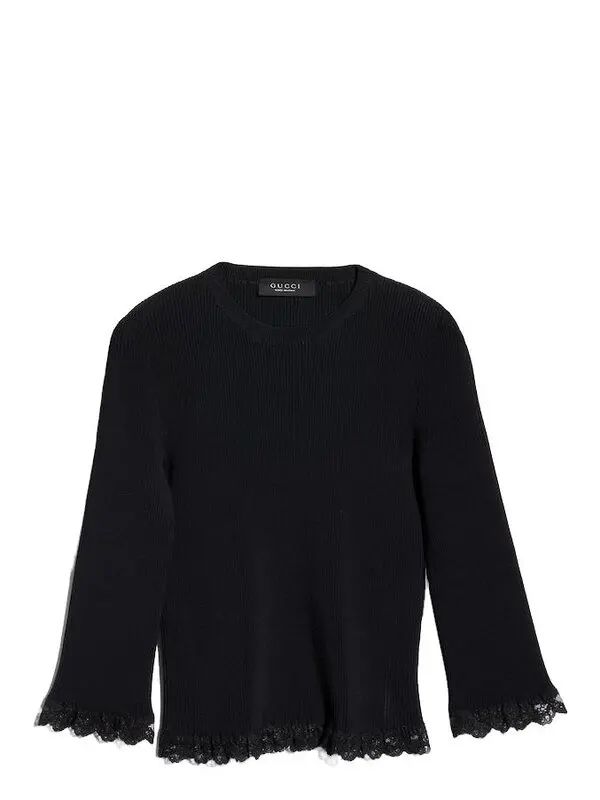 Gucci Fine Matte Viscose Rib Top With Lace Trim - Black