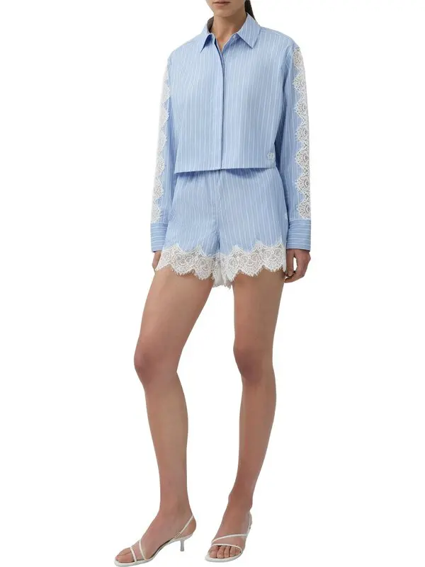 Simkhai Renata Stripe Poplin Lace Crop Button-up Top - Blue