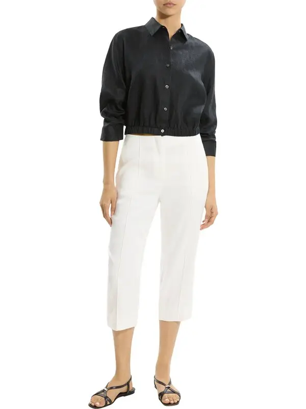 Theory Linen Scrunched Crop Button-up Top - Black