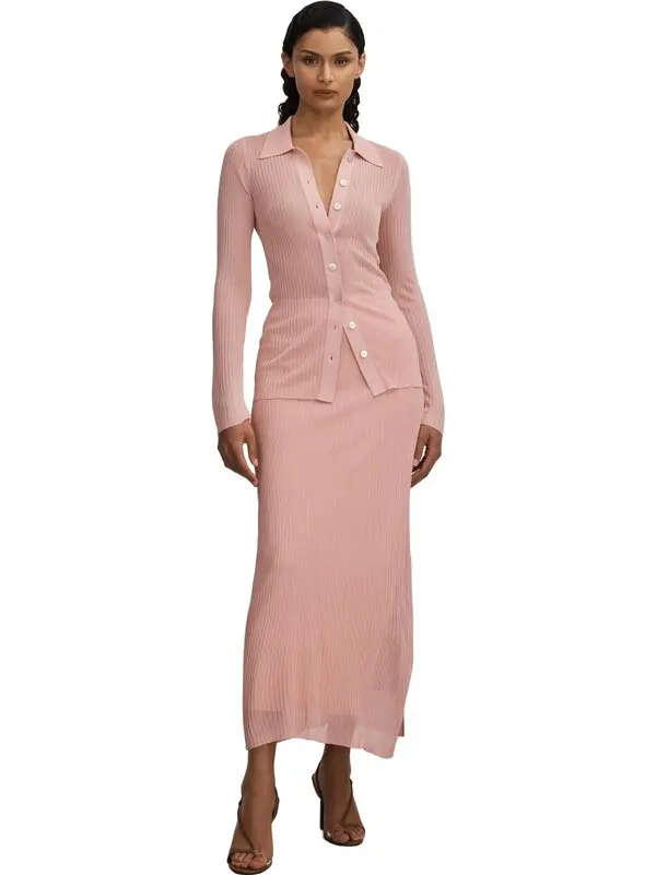 Anna Quan Semi-sheer Ribbed Knit Top With Mother Of Pearl Buttons - Pink