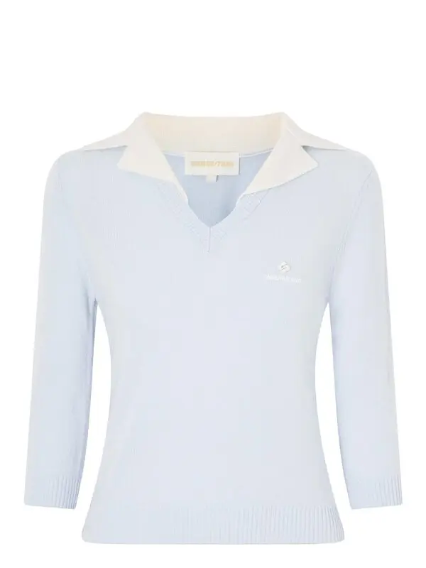 SHUSHU/TONG Logo-appliquéd Ribbed Wool V-neck Top - Blue