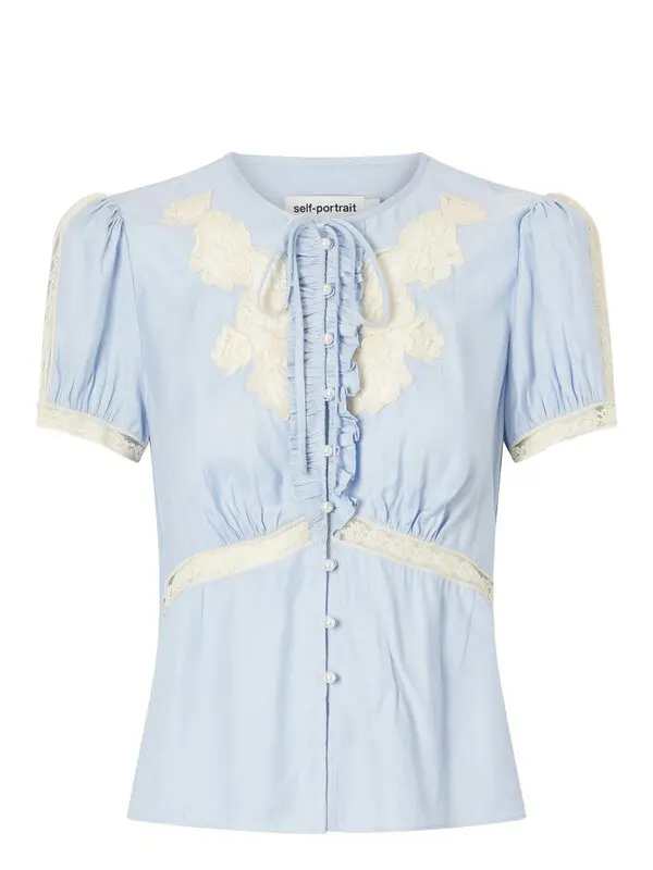 SELF-PORTRAIT Ruffled Lace-trimmed Satin Blouse - Blue