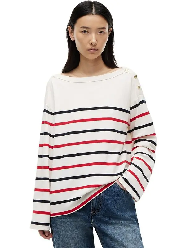 Tommy Hilfiger Breton Stripe Cotton Boatneck T-shirt With Gold-button Accents - Ivory Silk Multi
