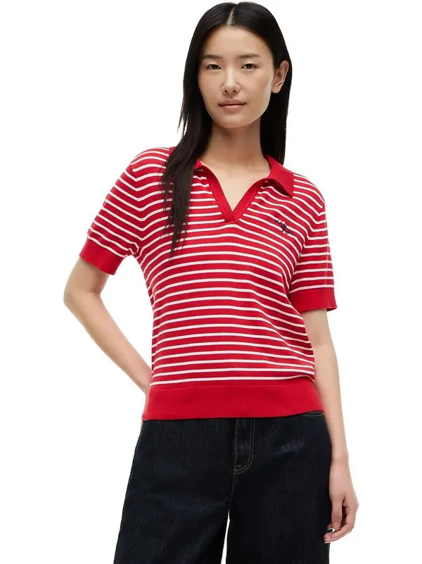 Tommy Hilfiger Striped Script Logo Polo Sweater - Primary Red